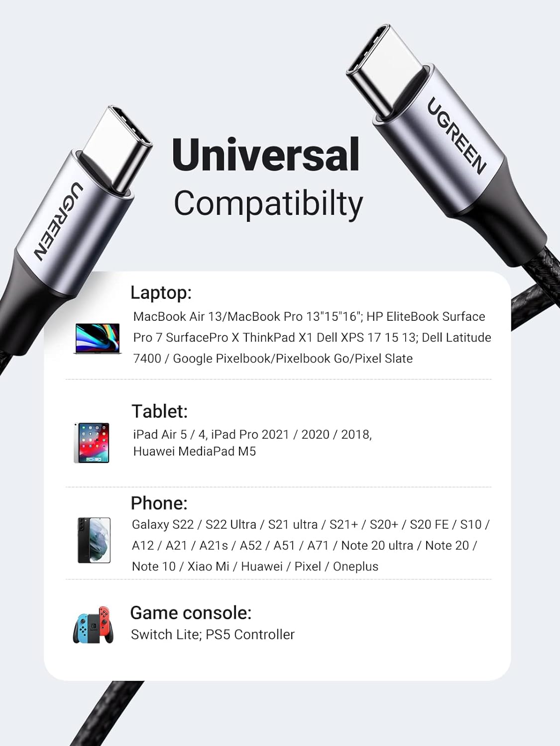 UGREEN 60W PD 3A USB Type C Male To Type C Male, Quick Charge Cable ...